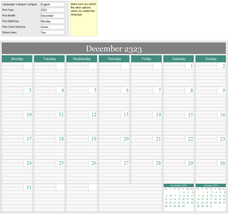 Monthly Office Calendar tool for Excel - Techronology
