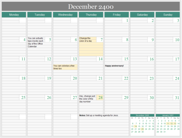 Monthly Office Calendar tool for Excel - Techronology